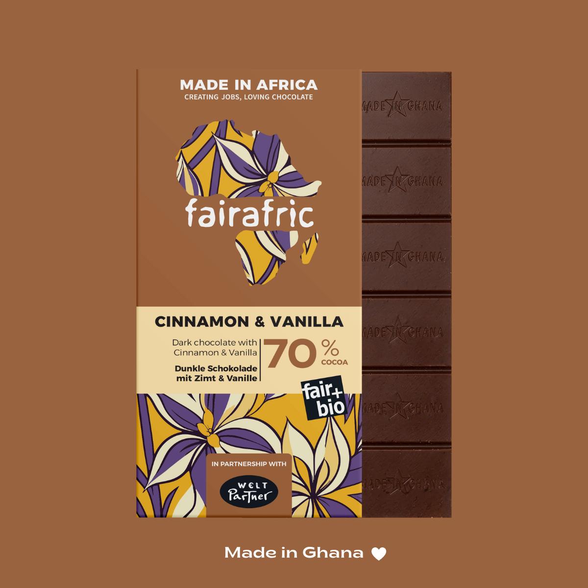 70% Organic Dark Chocolate with Cinnamon & Vanilla I Vegan – fairafric
